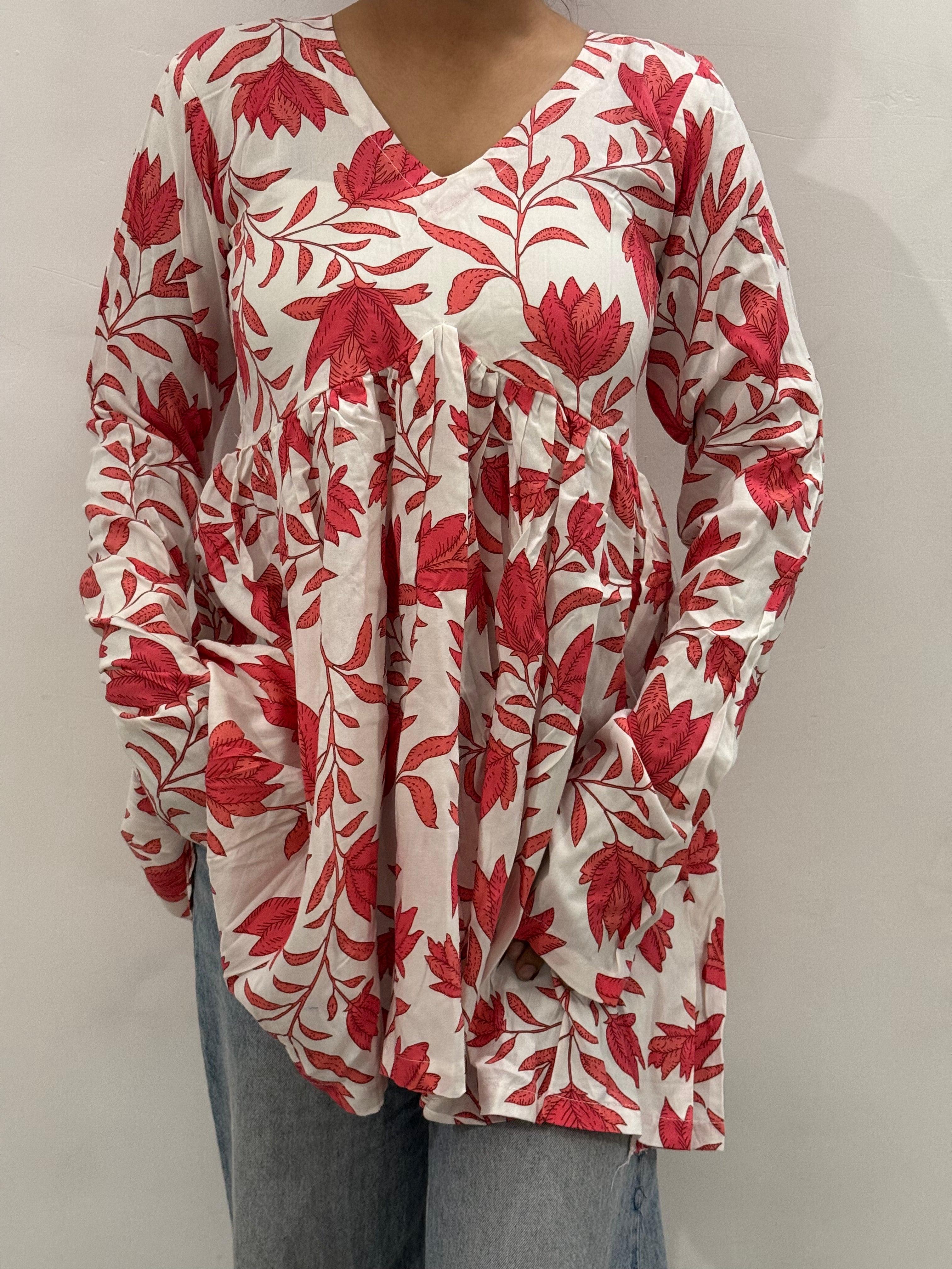 Red & White Flared Kurti - Evara – Evara Clothing